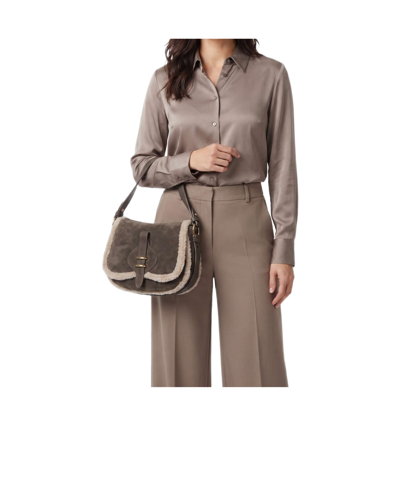COCCINELLE Shearling-Trim Suede Shoulder Bag